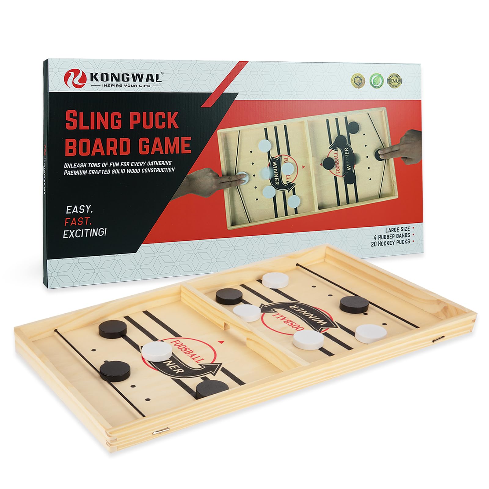 Kongwal Large Sling Puck Game, Foosball Winner Board Game, Wooden Hockey Table Game, Fast Paced Slingshot Game Board, Rapid Sling Table Battle Speed String Puck Game for Kids Adults & Family Party