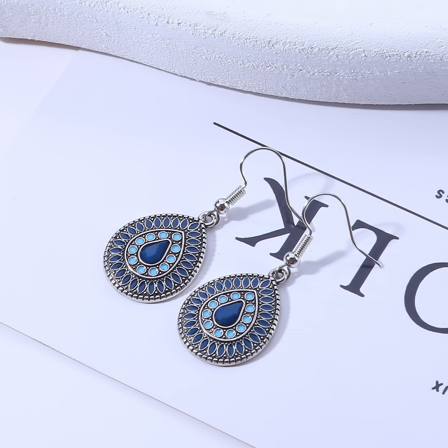 Bayetss Vintage Drop Dangle Earrings Ethnic Enamel Hook Earring Unique Statement Earrings Accessories for Women,Navy blue