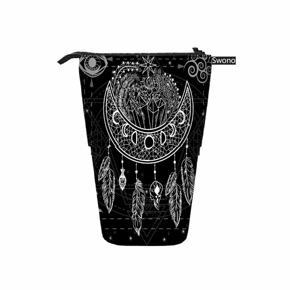 Swono Moon Dreamcatcher Colored Pencil Case Flowers Crystals Stars Arrows Feathers Boho Chic Style Standing Pencil Case Pencil Holder Pencil Pouch Cosmetics Pouch Makeup Office Bag Black White