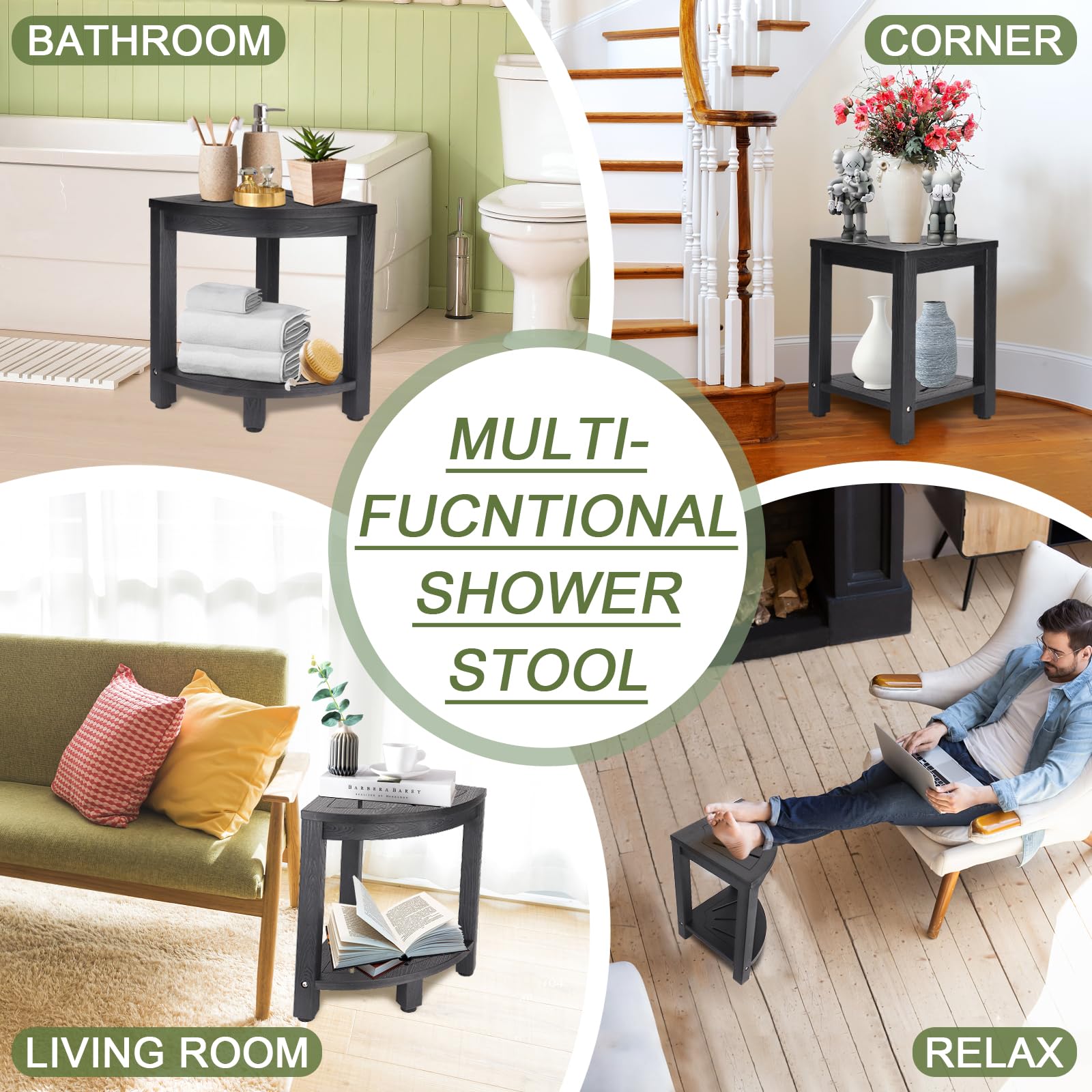 Natree Poly Lumber Shower Foot Rest 17 in, Shower Stool Corner Bench with Storage Shelf, Water Repellent Shower Stool for Shaving Legs, Corner Seat for Bathroom Living Room Shower Spaces(Black)