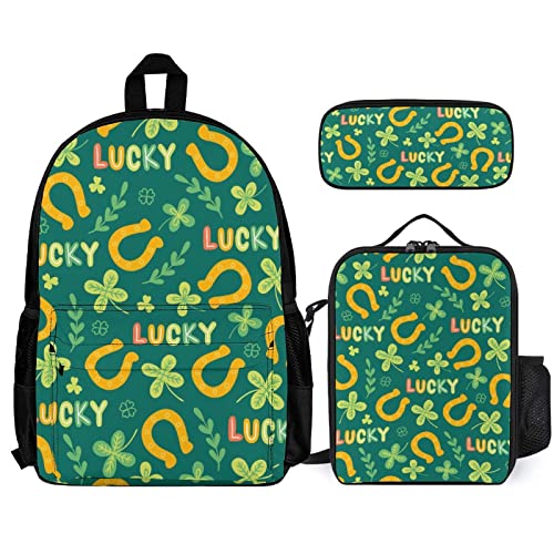 DamTma Clover Green Horseshoe Backpack Set 3 Piece Bookbags St Patrick's Day Bookbags Set Lunchbox Pencil Case Laptop Backpack Travel Backpack 3pcs
