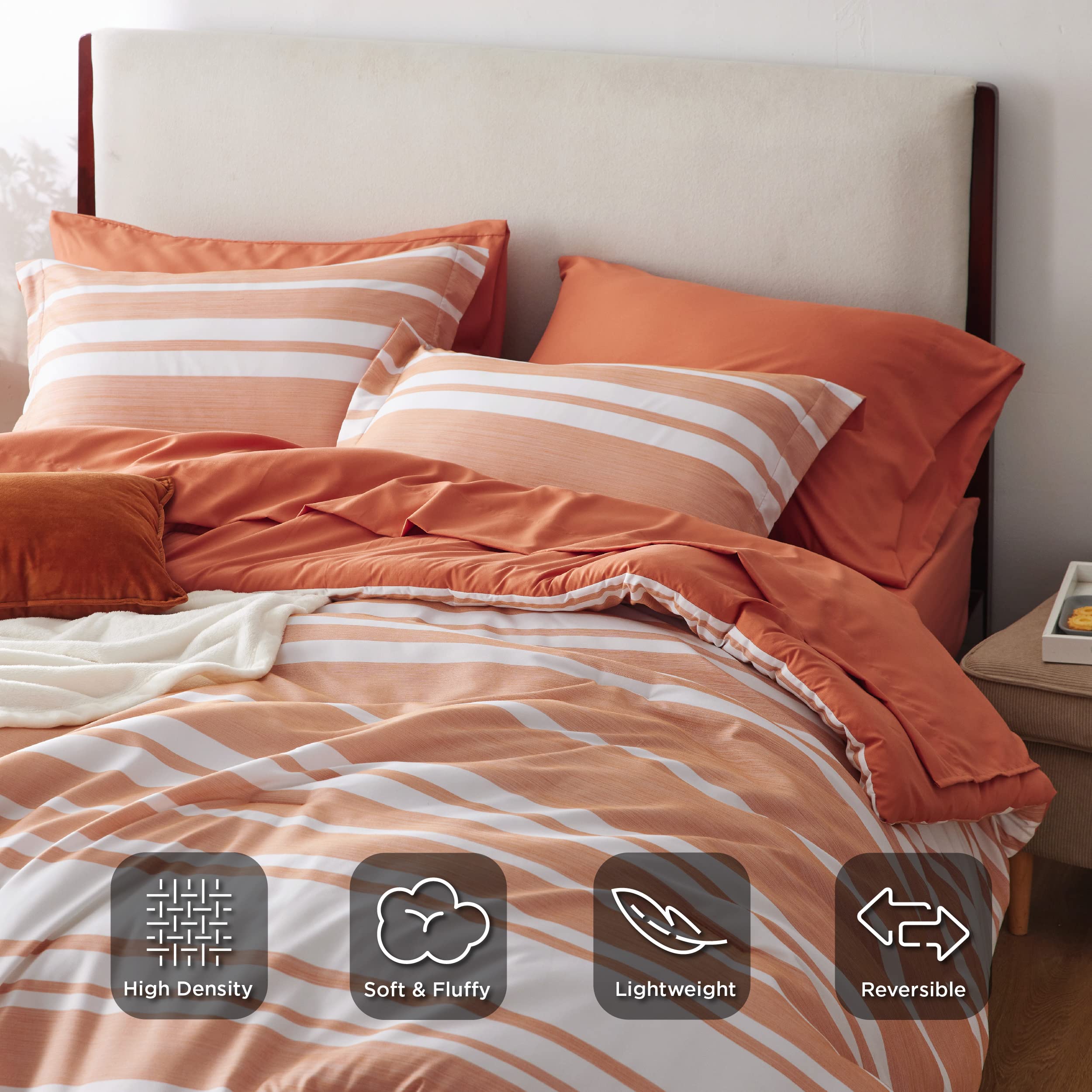 Bedsure Bed in a Bag Queen Size 7 Pieces, Burnt Orange White Striped Bedding Comforter Sets All Season Bed Set, 2 Pillow Shams, Flat Sheet, Fitted Sheet and 2 Pillowcases