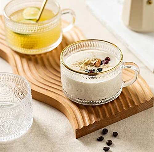 LUECMO Vintage Coffee Tea Cups [2 Pack], 14 oz Glass Tea Coffee Mugs, Clear Embossed Glass Cups for Cappuccino, Latte,Cereal, Yogurt, Beverage (Transparent)