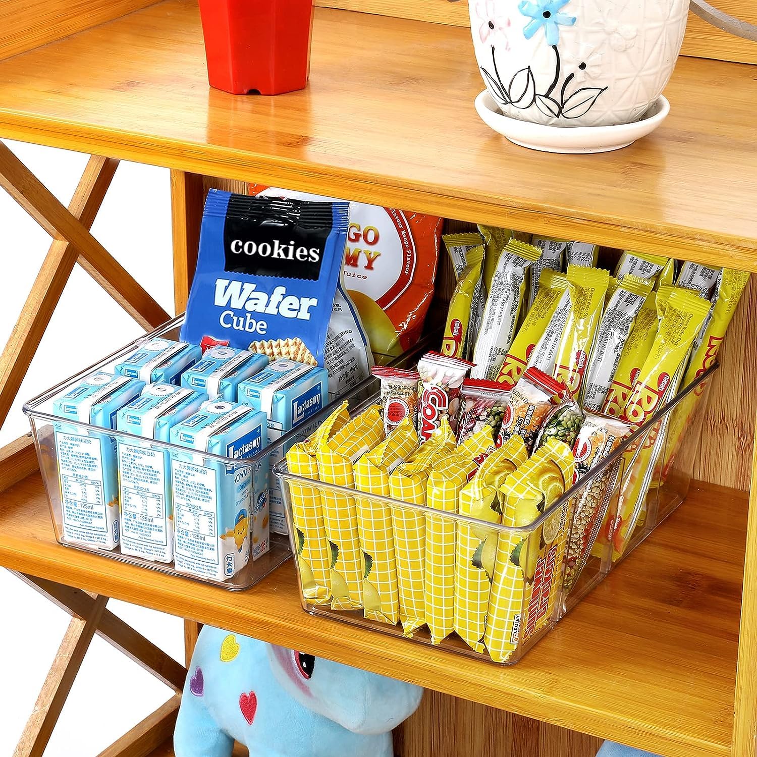wilfox Pantry Organizer, 7 Pack Clear Organizer Bins with Removable Dividers, Pantry Organizers and Storage, Fridge Organizer and Cabinet Organizer for Snack, Pouches, Spice Packets