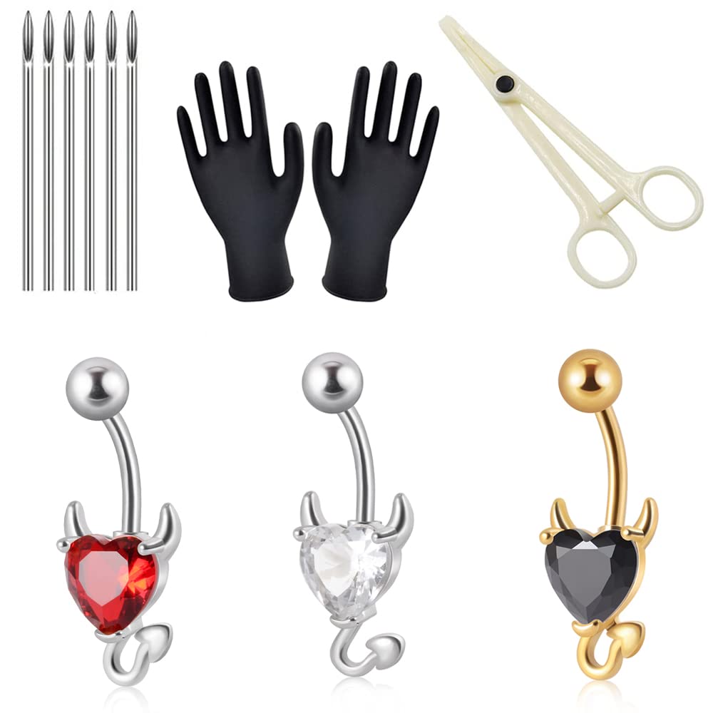 CHUANCI 12pcs Belly Piercing Kit - 3PCS 14G Devil Crystal Belly Button Ring with 6PCS 316L Steel Piercing Needles and Piercing Clamp Belly Kit