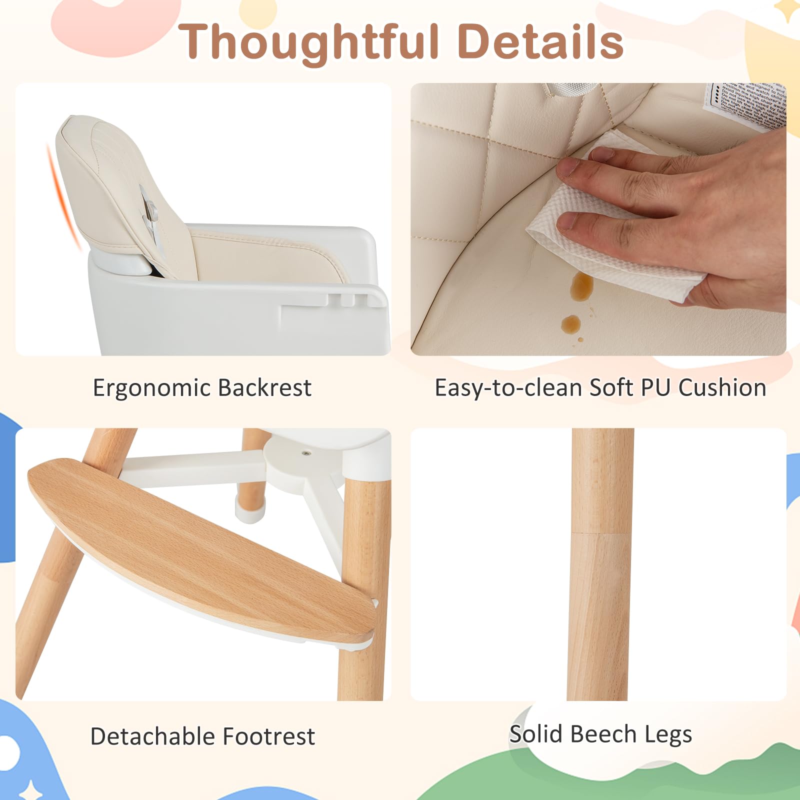 BABY JOY Baby High Chair, 6 in 1 Convertible Wooden High Chair for Babies & Toddlers with Adjustable Legs, Double Removable Tray, Safety Harness & Waterproof PU Cushion (Beige)