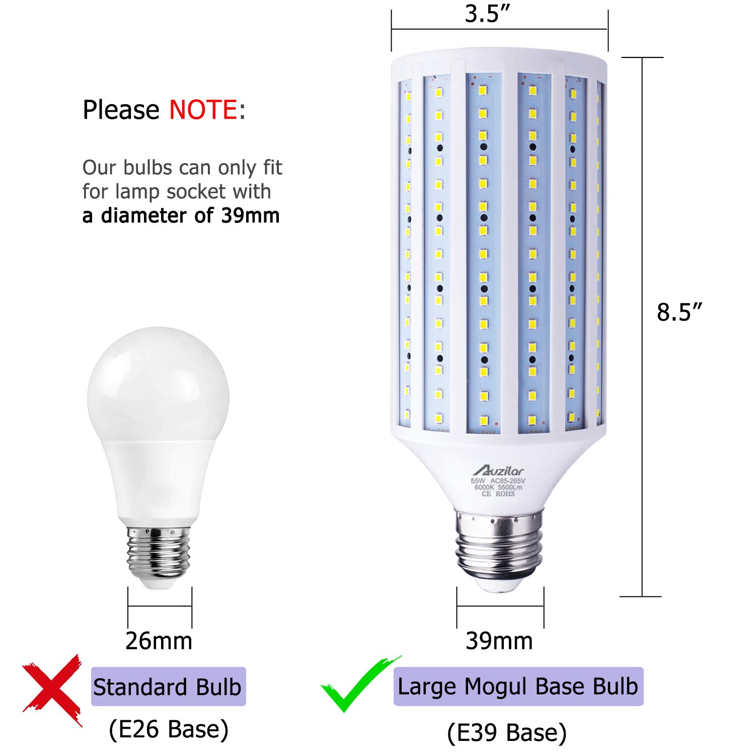 Auzilar 55W LED Corn Light Bulb (E39 Large Mogul Base) 5500Lm 6000K Cool White Daylight, for Metal Halide HID HPS Replacement Garage Parking Lot High Bay Warehouse Street Lamp Lighting 85V-265V