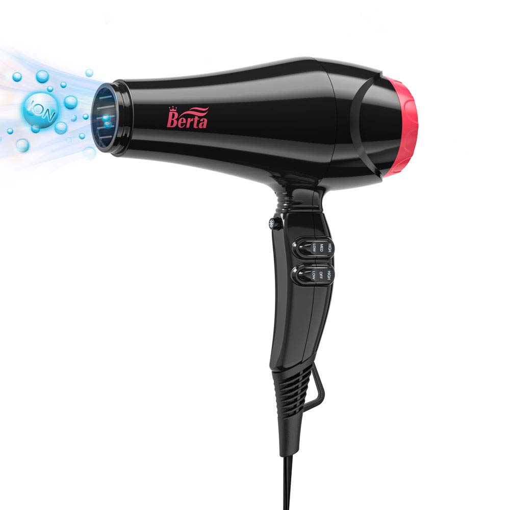 BERTA 1875W Professional Salon Hair Dryer Negative Ionic Blow Dryer, 2 Speed 3 Heat Settings Cool Button with AC Motor, Concentrator Nozzle and Filter, Black