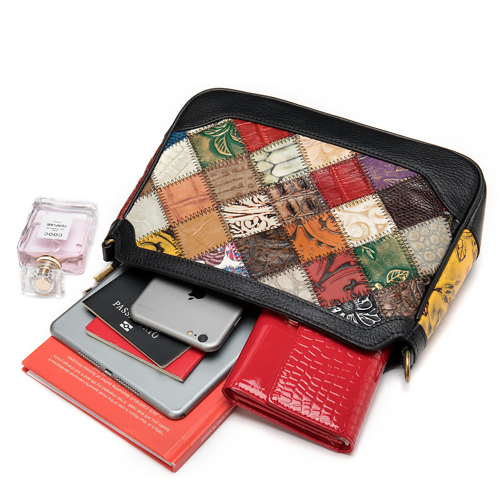 Leather Cute Crossbody Bags for Women Coloful Floral Patchwork Unique Shoulder Purse and Handbags Medium