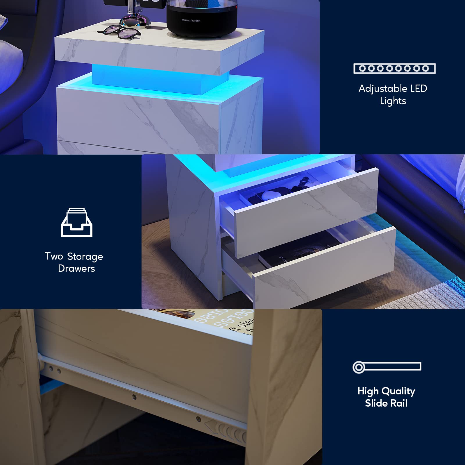 DobleCliCli LED Nightstands, Modern End Side Table with 2 Drawers, LED Bedroom Furniture for Bedroom and Living Room, White Marble Pattern