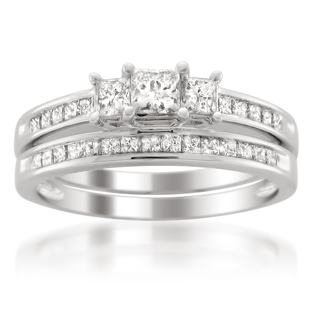 Beyond Brilliance 1 Carat Diamond, Classy prong Set 14K White Gold Princess Cut Diamond Wedding Ring Bridal Set for Women (I-J, I1-I2) Natural Diamond Fine Jewelry Gift Box Included