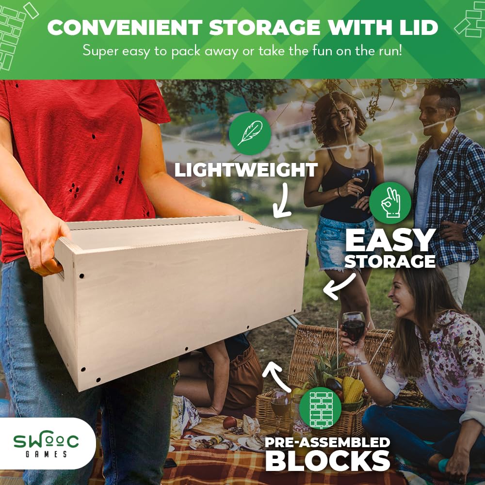 SWOOC Games - Giant Tower Game with 3-in-1 Straightener, Table & Storage Box - 90% Faster Set Up with Transforming Box & Straightener - Starts at 2-4ft - Grows to Over 6ft - Large Outdoor Yard Games