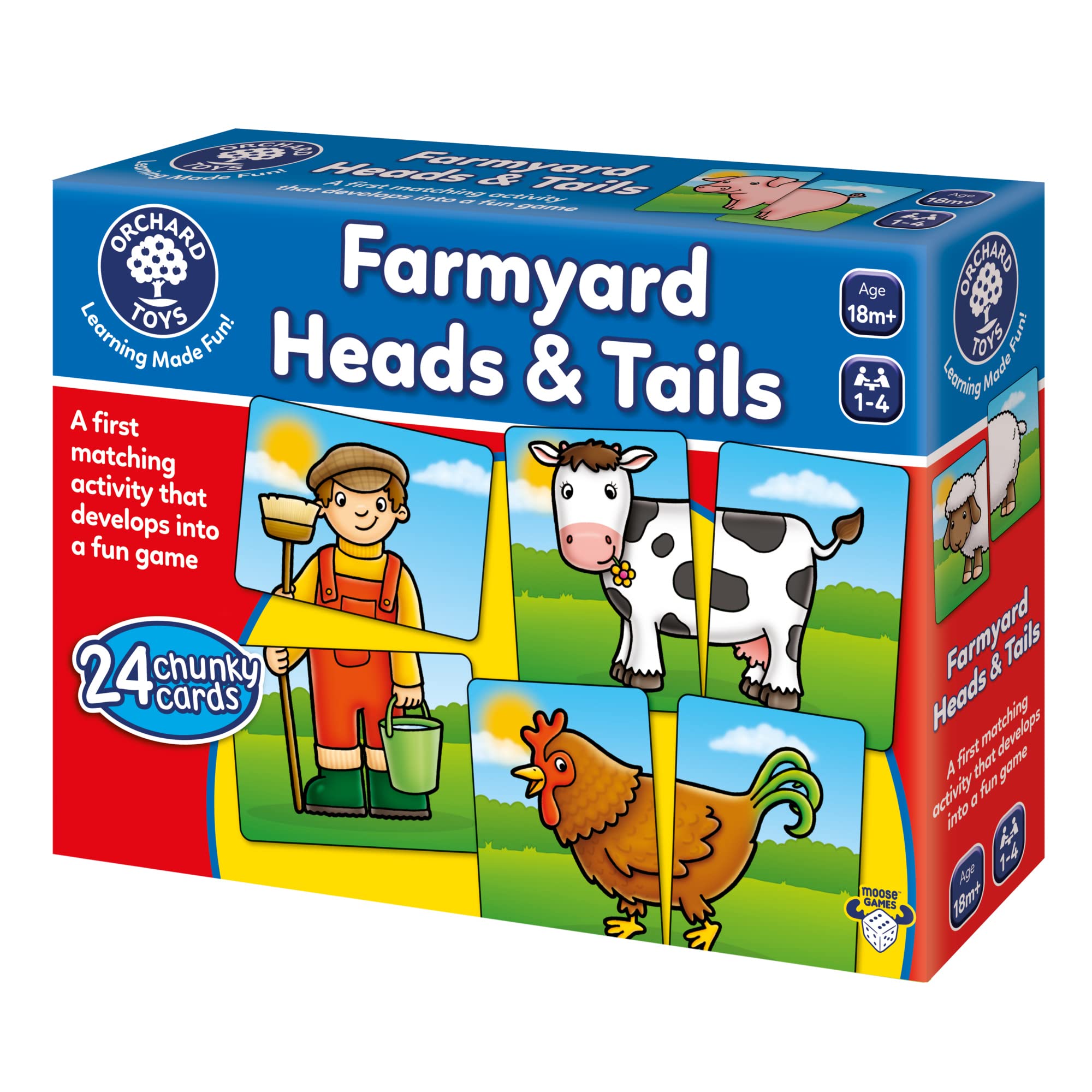 Orchard Toys Moose, Farmyard Heads & Tails Game. A First Matching Activity That develops into a Fun Game. 24 Chunky Cards. Age 18 Months+. 1-4 Players