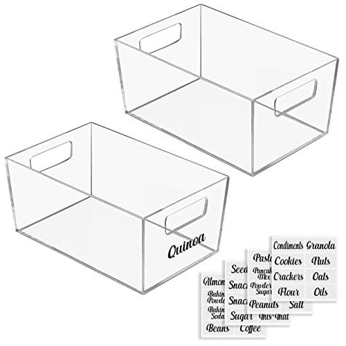 mDesign Small Plastic Kitchen Storage Container Bin, Handles for Organization in Pantry, Cabinet, Refrigerator, Freezer - Hold Food, Drink, Snacks, Prism Collection, Includes 2 Bins, 32 Labels, Clear