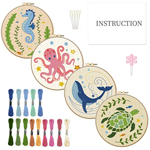 INFUNLY 4 Sets Embroidery Kit for Beginners with Sea Animals Pattern DIY Embroidery Kit for Adults Ocean Embroidery Art Kit Cross Stitch Kit for Adults with Plastic Embroidery Hoops Threads Needles