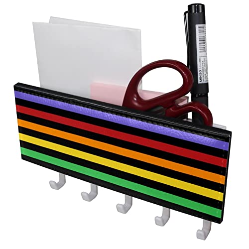 Colorful Horizontal Lines Striped Pattern with Black Background Mail Holder Organizer and Key Hooks PU Front, Self Adhesive Key Rack with 5 Hooks Perfect for Entryway, Hallway,Bathroom ,Kitchen