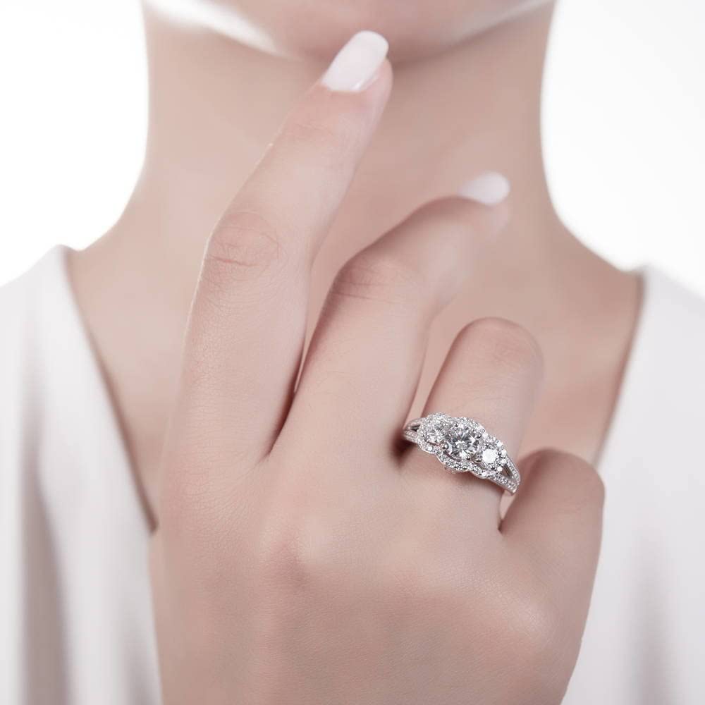 BERRICLE Sterling Silver 3-Stone Wedding Engagement Rings Round Cubic Zirconia CZ Split Shank Ring for Women, Rhodium Plated Size 8