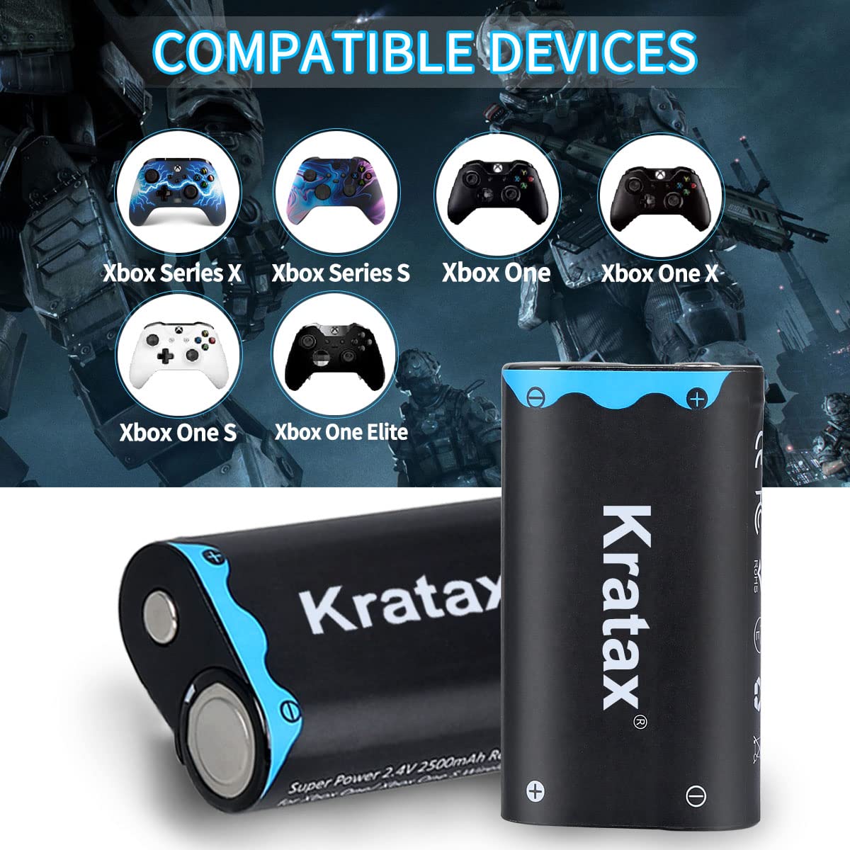 Kratax 2500mAh Rechargeable Batteries 2 Count for Xbox One with Fast Charger, 48 Hours Playtime