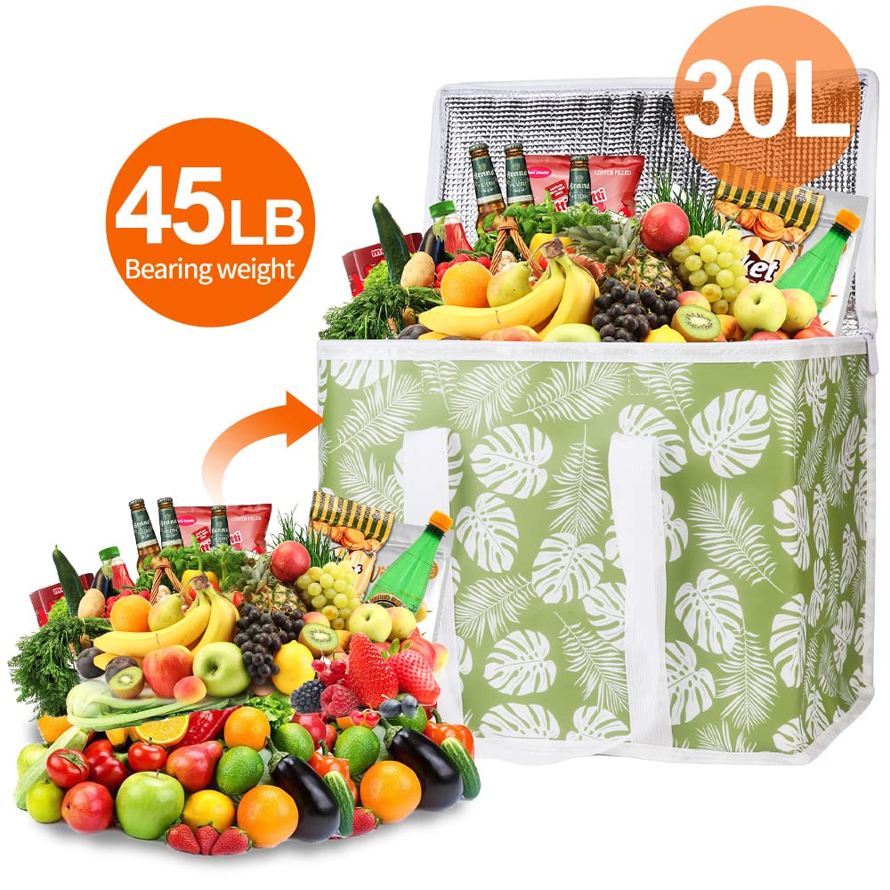 Bodaon 1-Pack Insulated Reusable Grocery Shopping Bags, X-Large Picnic Cooler Bag with Zipper Zippered Top Cold, Green-Leaf