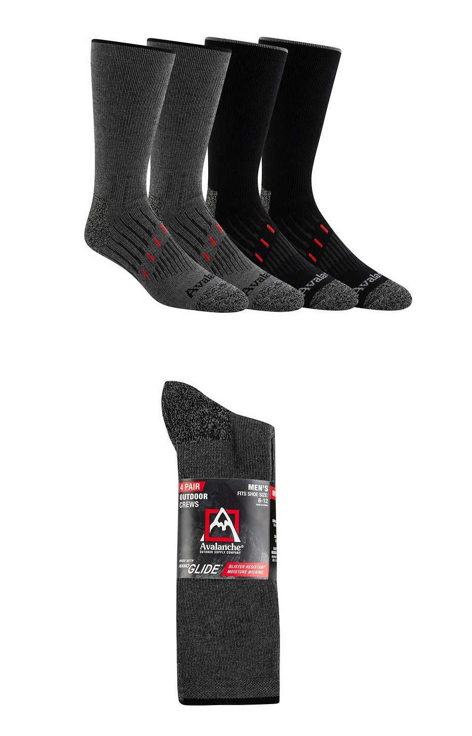 Avalanche Men's Crew Sock Anti-Blister Heel Toe Support Arch 360 Degree Full Cushion,4-pair (Black),Shoe Size: 6-12