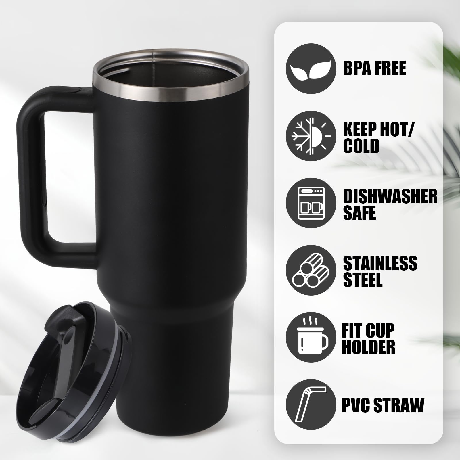 Boderi Tumbler,40oz Tumbler with Handle and Straw,2in1 Straw Lid + Rotating Cup Lid, Stainless Steel Double Wall Vacuum Insulated Coffee Cup,Reusable 40oz Travel Mug Insulated Tumbler with Handle