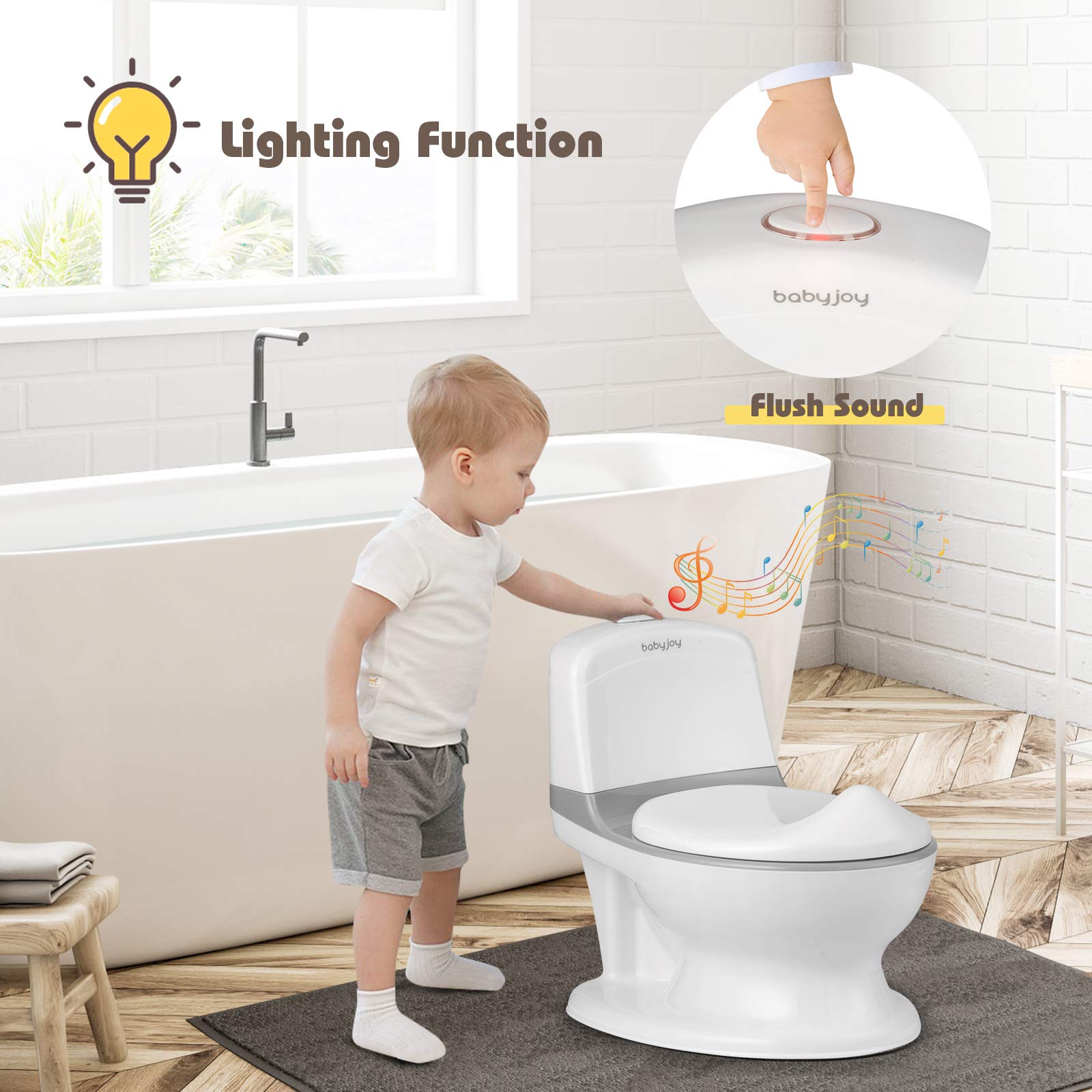 BABY JOY Realistic Potty Training Toilet, Potty Seat for Toddlers & Kids w/Flushing Sounds & Built-in Wipe Compartment, Splash Guard for Simple Cleaning, Ergonomic (Grey)