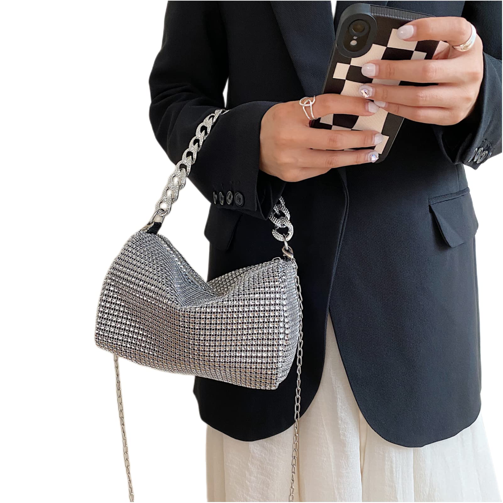 Bling Rhinestone Hobo Bag for Women Crystal Evening Handbag Underarm Bag Tote for Party Wedding
