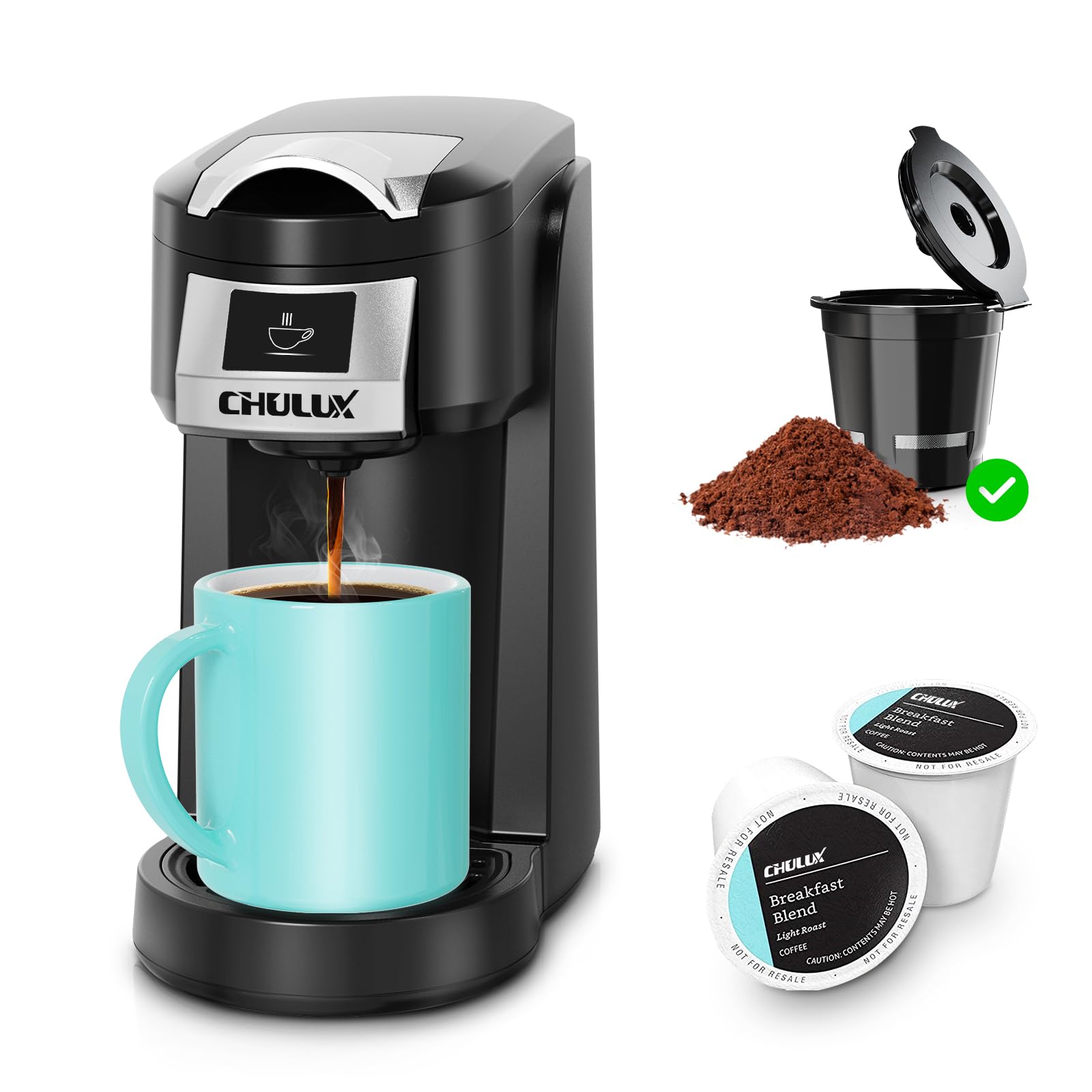 CHULUX Classic 2 in 1 Single Serve Coffee Maker for K Cup & Ground Coffee, One Button Easy Coffee Machine for Office, RV, Travel and Dorm, Included Coffee Filter, Black