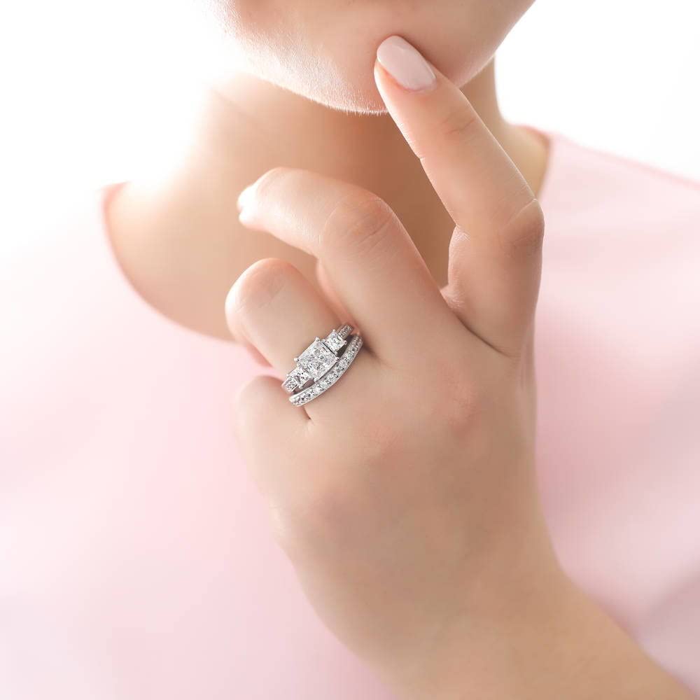 BERRICLE Sterling Silver 3-Stone Wedding Engagement Rings Princess Cut Cubic Zirconia CZ Ring Set for Women, Rhodium Plated Size 10