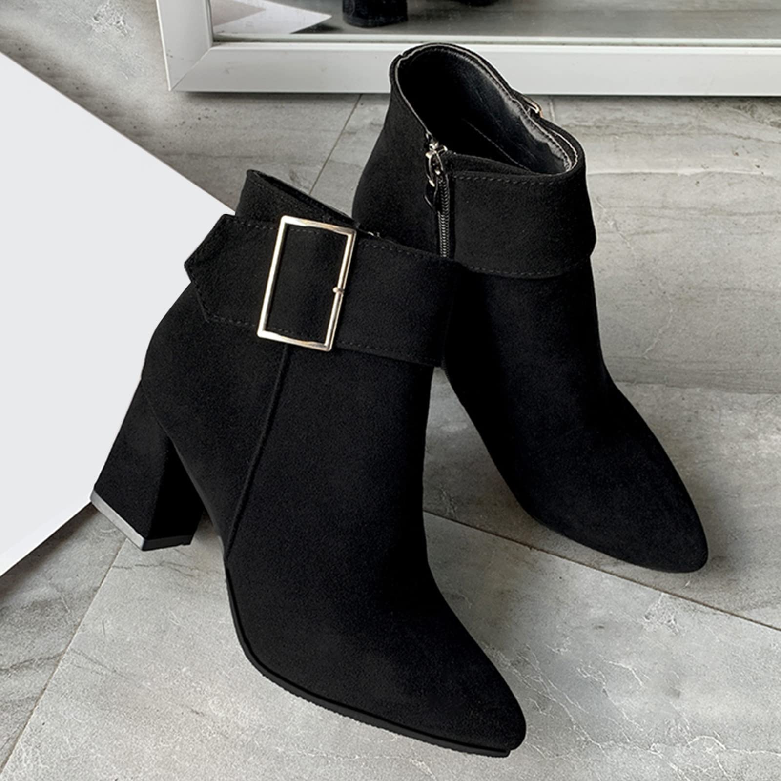 boots for women thick heel ankle buckle belt zipper pointed boots low heel casual red boot short ankle booties
