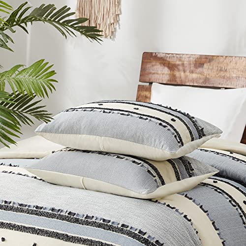 Hyde Lane Boho Blue King Comforter Set ,Modern Farmhouse Tufted Bedding Sets, Cotton Top with Neutral Rustic Style Clipped Jacquard Stripes, 3-Pieces Including Matching Pillow Shams (104x90 Inches)
