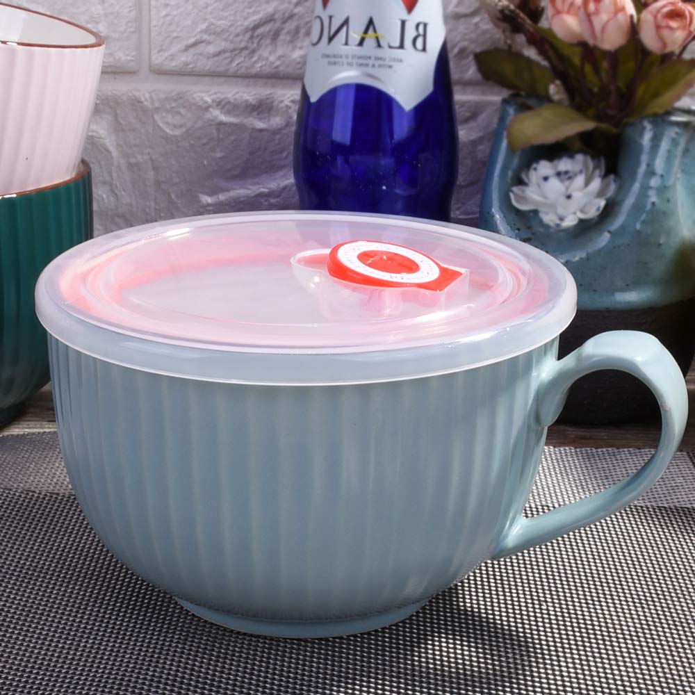 BOSILI Ceramic Soup Bowls with Handles Microwave Safe Bowl with Lid Microwavable Soup Mug with Lid Large Soup Cups for Ramen Noodle Cereal