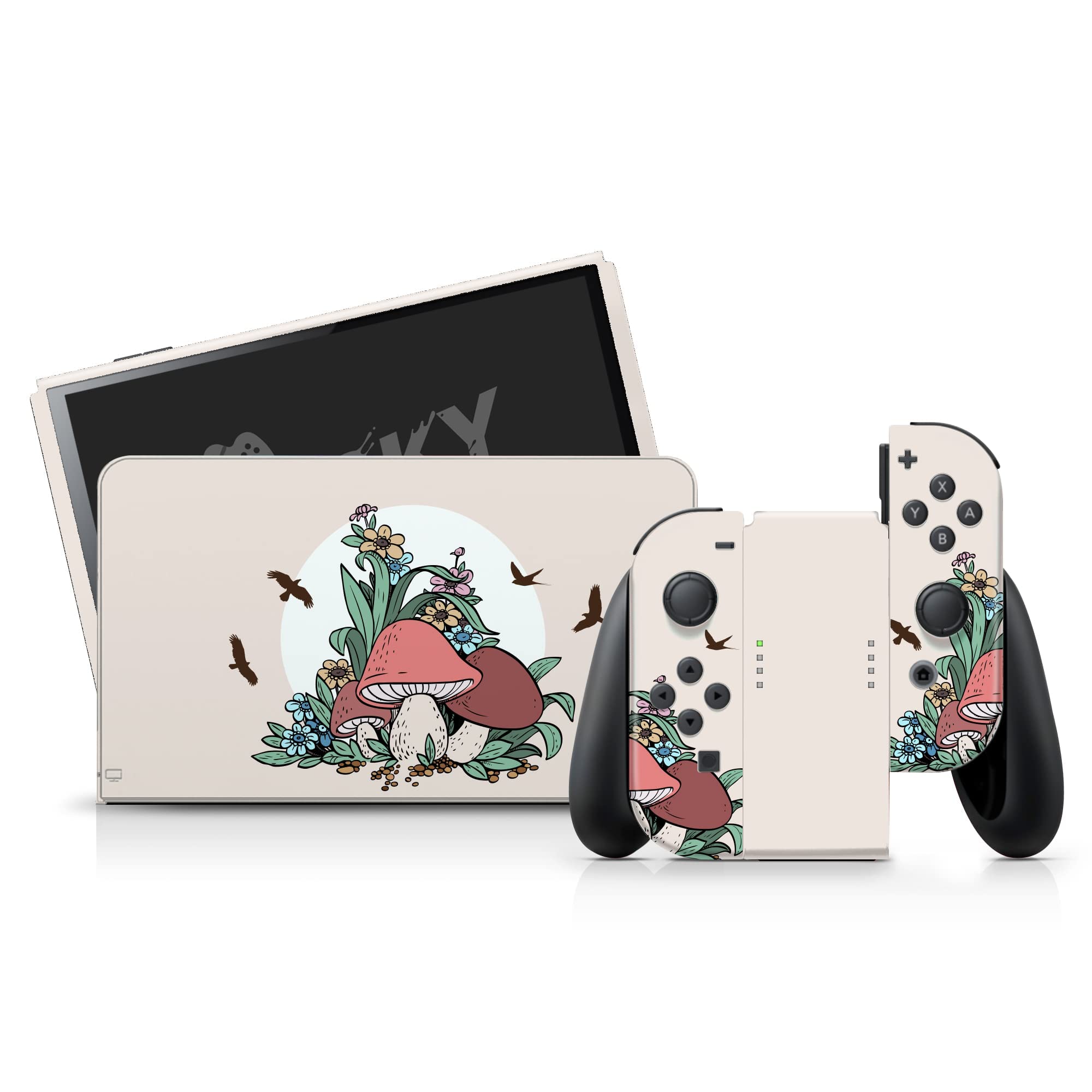 Tacky Design Mushroom Skin Compatible with Nintendo Switch OLED Skin Wrap Cover, Kawaii Beige Skin for Nintendo Switch OLED Stickers, Premium Vinyl 3M Full Wrap Decal