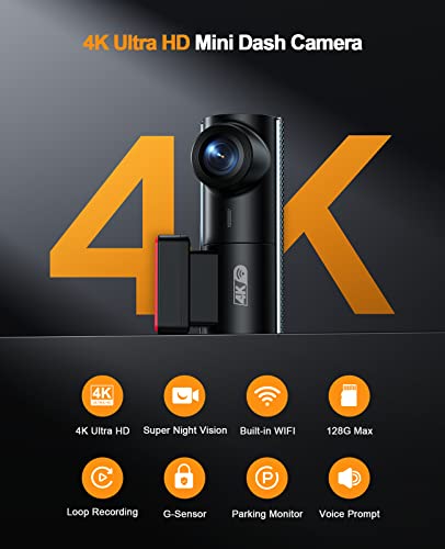 Dash Cam 4K WiFi 2160P Car Camera, Dash Camera for Cars, Mini Front Dashcam for Cars with Night Vision, Loop Recording, G-Sensor,24H Parking Monitor,Supercapacitor,Voice Prompt,APP,64GB Card Included