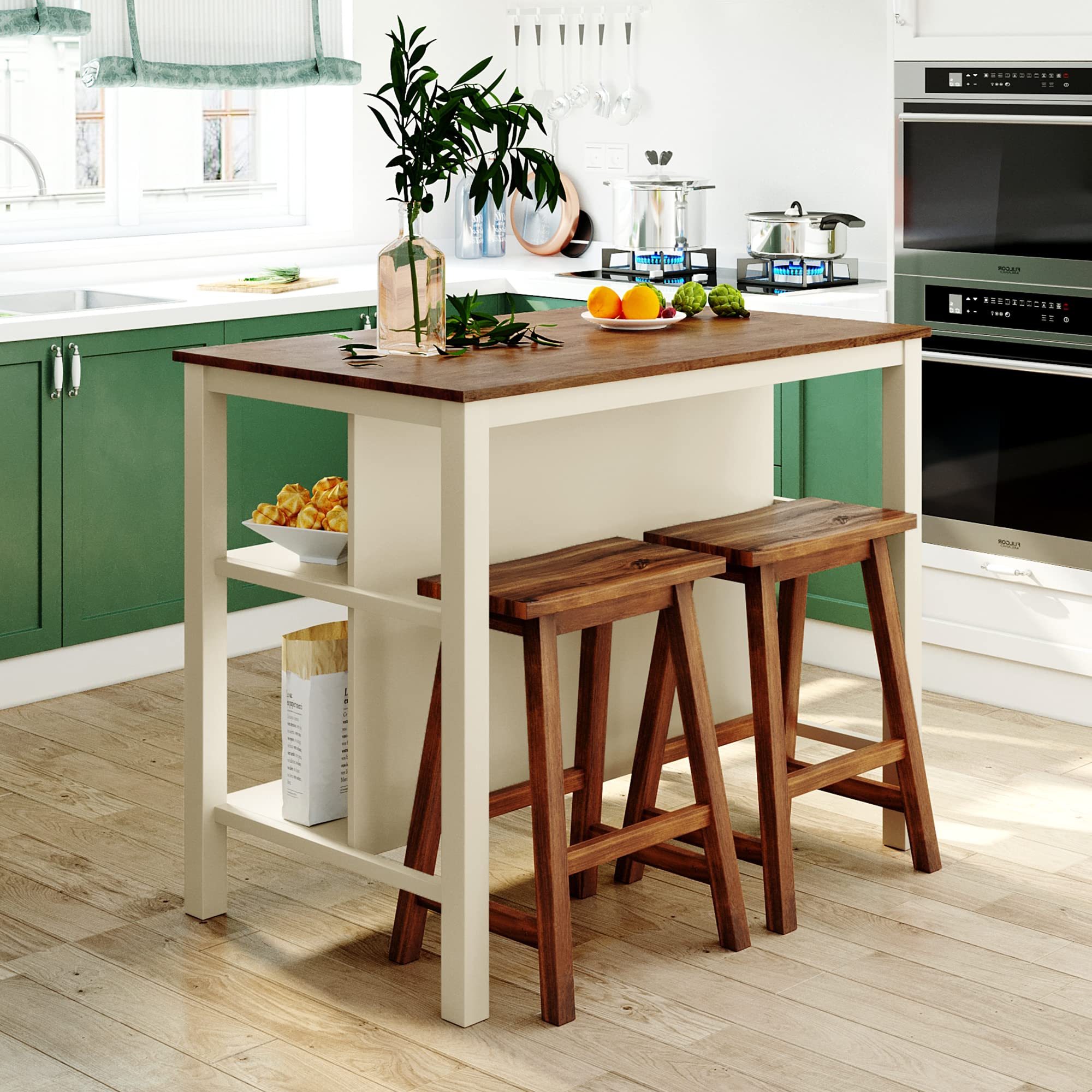 Bellemave Kitchen Island with Seating for 2, 3 Piece Counter Height Dining Table Set with Storage, Farmhouse Wood Bar Table with Stools, Small Breakfast Dinner Table & Chairs, Walnut