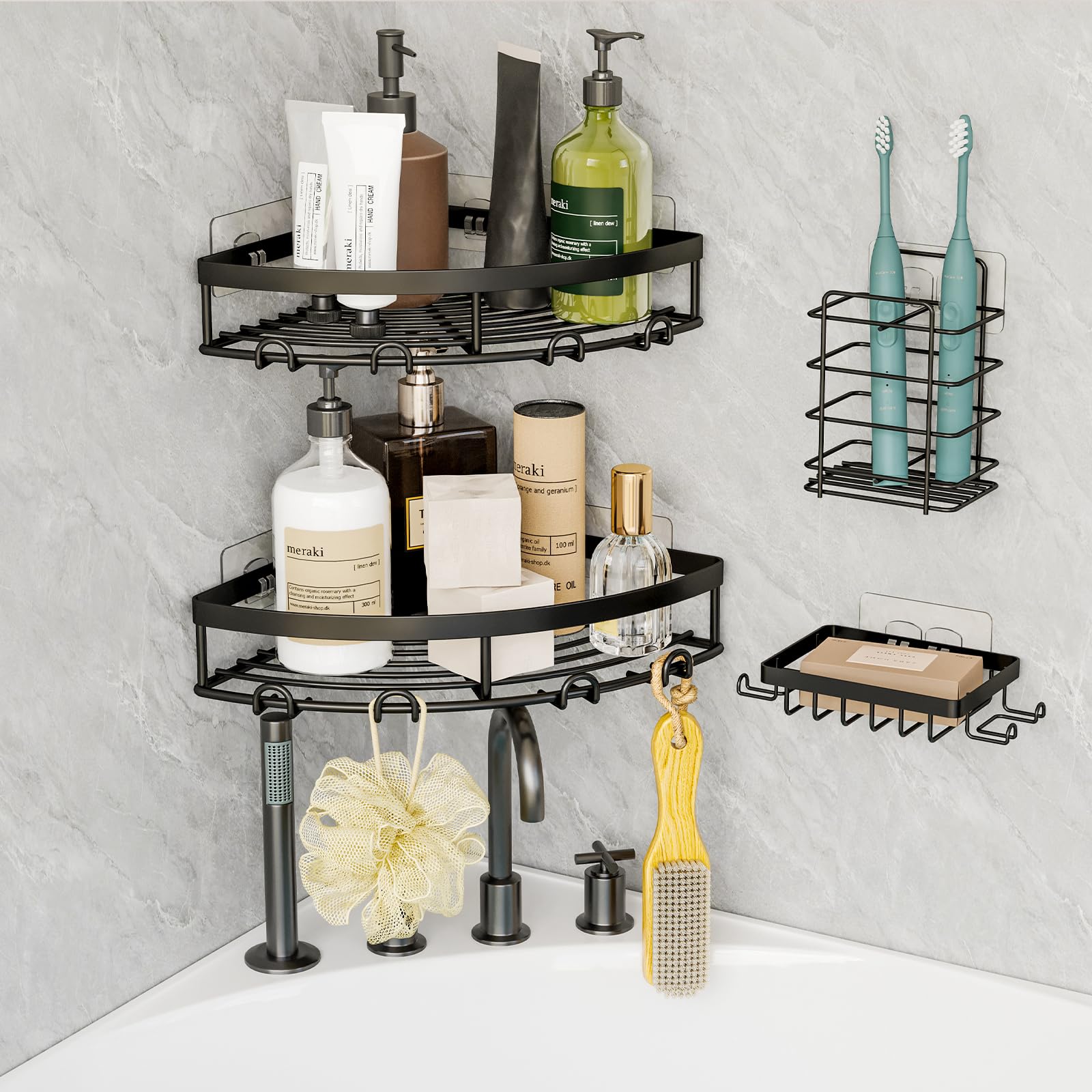 Fixwal Shower Caddy, Bathroom Corner Shower Organizers, Sliver Shower Shelves for Inside Shower with Soap Caddy & Toothbrush Holder, No Drilling Wall Mount 4-Pack