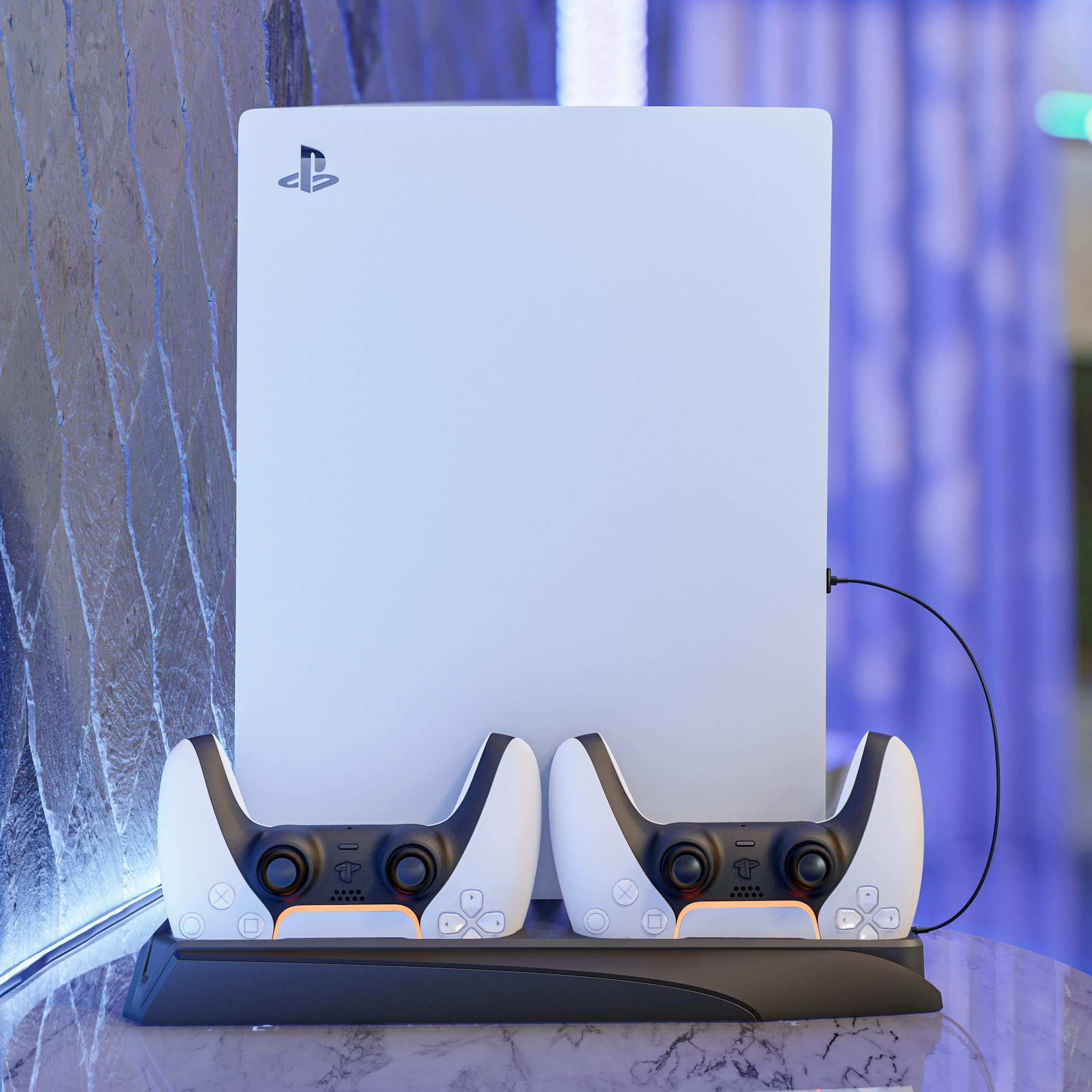 Q-View Vertical Stand for use with PlayStation 5, 4 in 1 Docking Station, Controller Charger, Cooling Fan and Games Storage Tray Compatible with PS5 Console, Disk and Digital Version