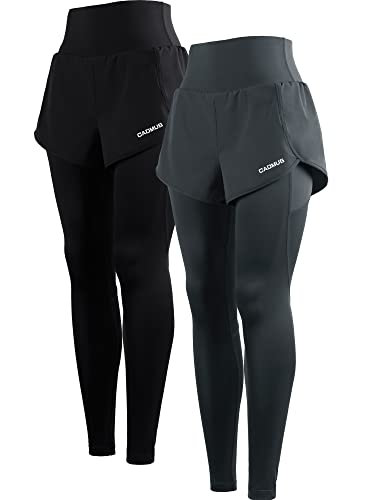 CADMUS 2 in 1 Women's Yoga Pants High Waisted Running Leggings for Women with Two Big Pockets,2 Pack, Black & Dark Grey, X-Large