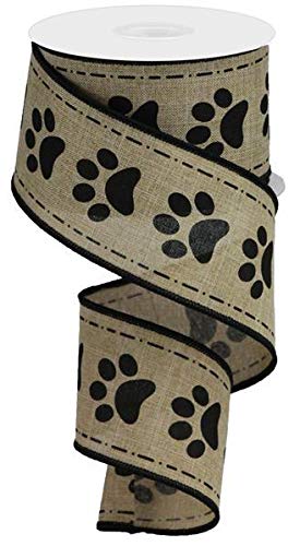 Wired Ribbon Beige and Black Paw Prints on Royal 2.5" X 10 Yards