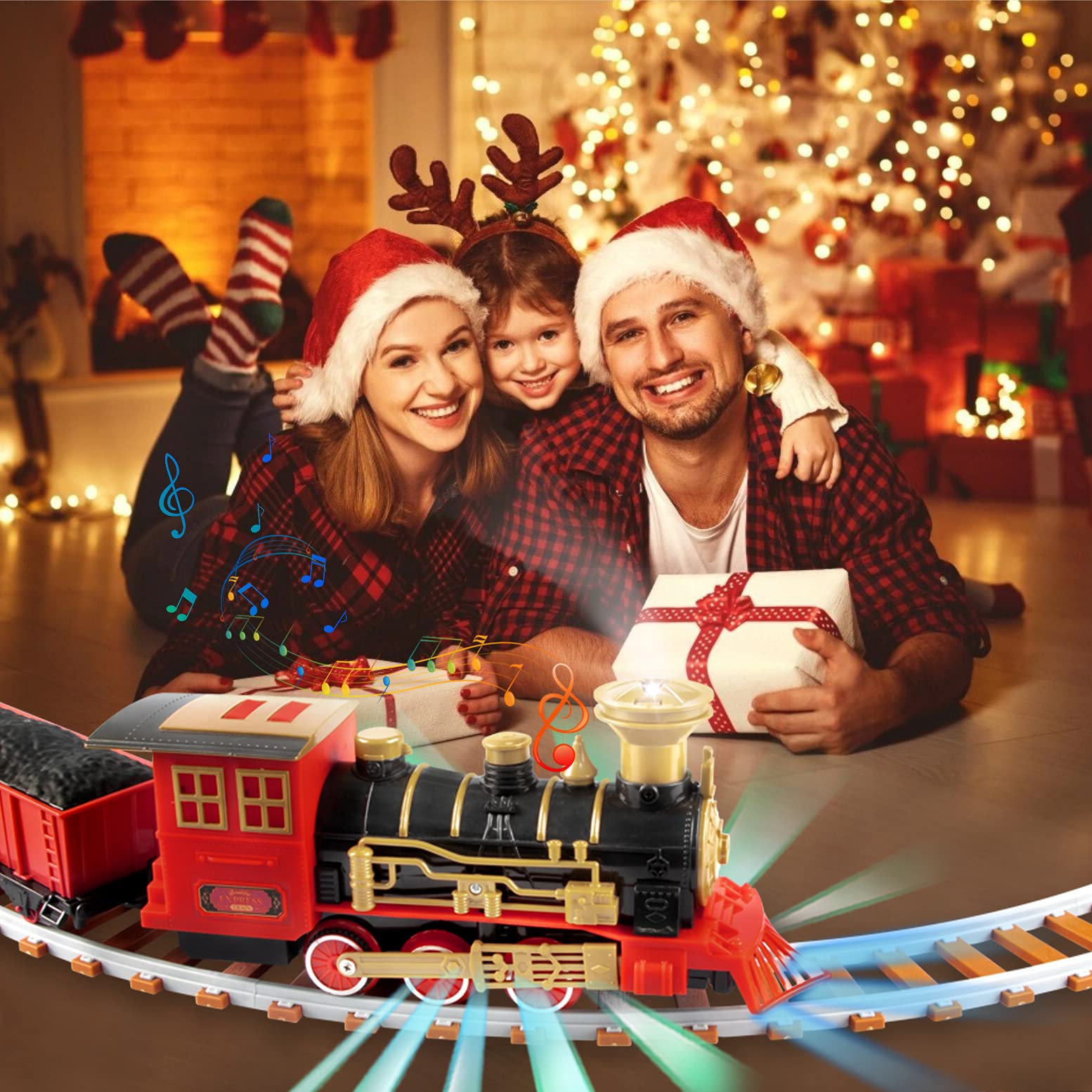 Ouriky Train Set - Electric Steam Train Set Toy for Kids with Smokes, Lights & Sounds, Railway Kits, Cargo Car & Tracks, Christmas Train Sets Under The Tree Gift for Boys Girls