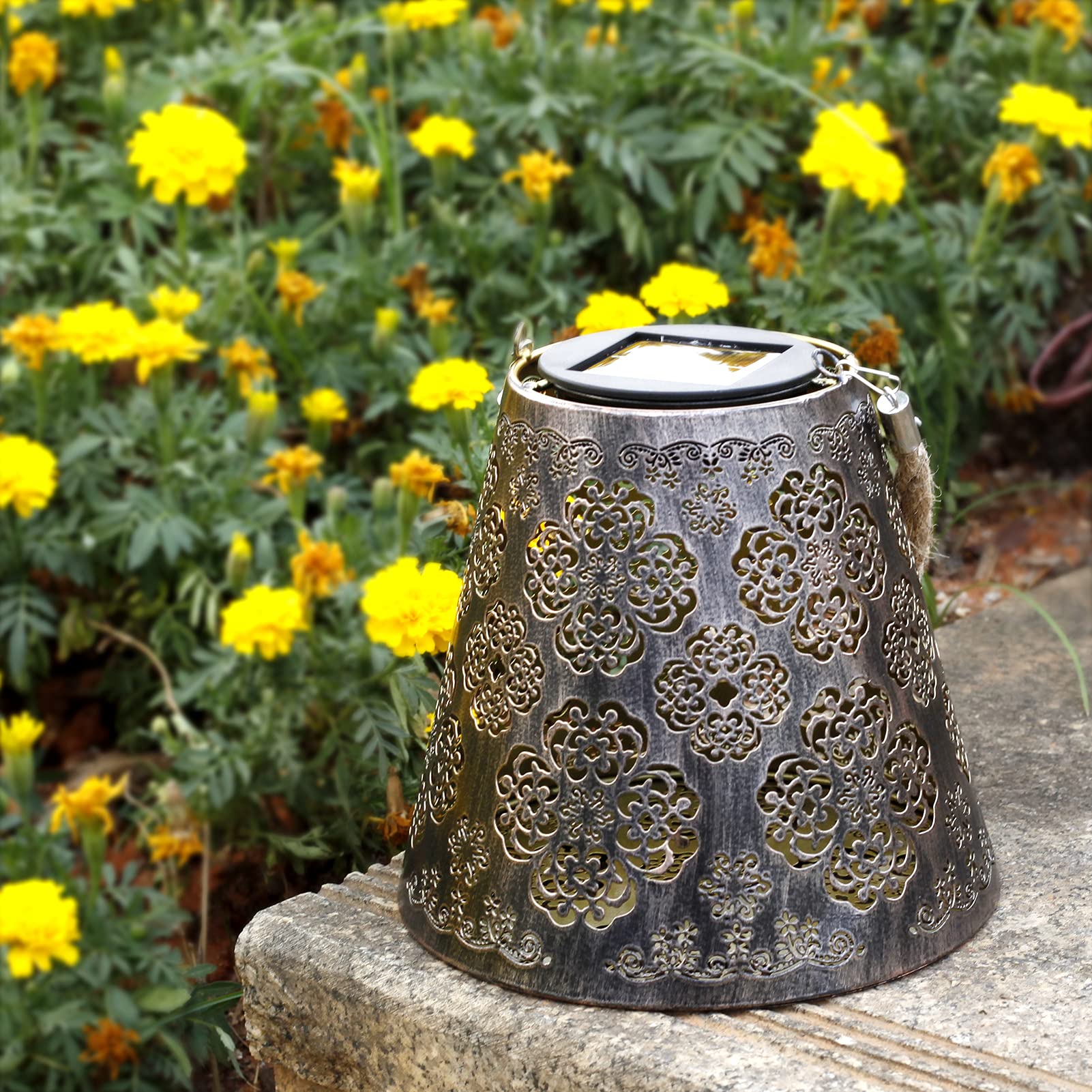 Outdoor Lanterns, Moyisea Hanging Solar Lantern Lights with Rattan Handle and Metal Hollow-Out Flower Lace, Waterproof Decorative Lantern for Patio, Porch, Garden and Tabletop, Bronze