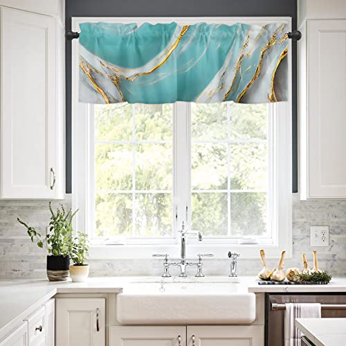 Marble Auqa Valance Curtains for Living Room/Bedroom/Bathroom/Kitchen Window,Rod Pocket Window Valance Tiers Small Window Curtain Drape Window Panel Treatment,Modern Abstract Gold White Art 1 Panel
