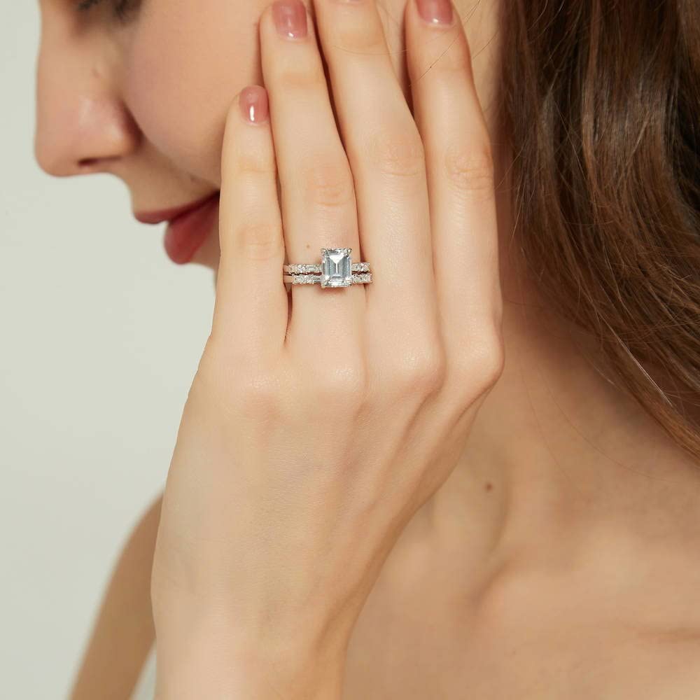 BERRICLE Sterling Silver Solitaire Wedding Engagement Rings 2.1 Carat Emerald Cut Cubic Zirconia CZ Art Deco Ring Set for Women, Rhodium Plated Size 6