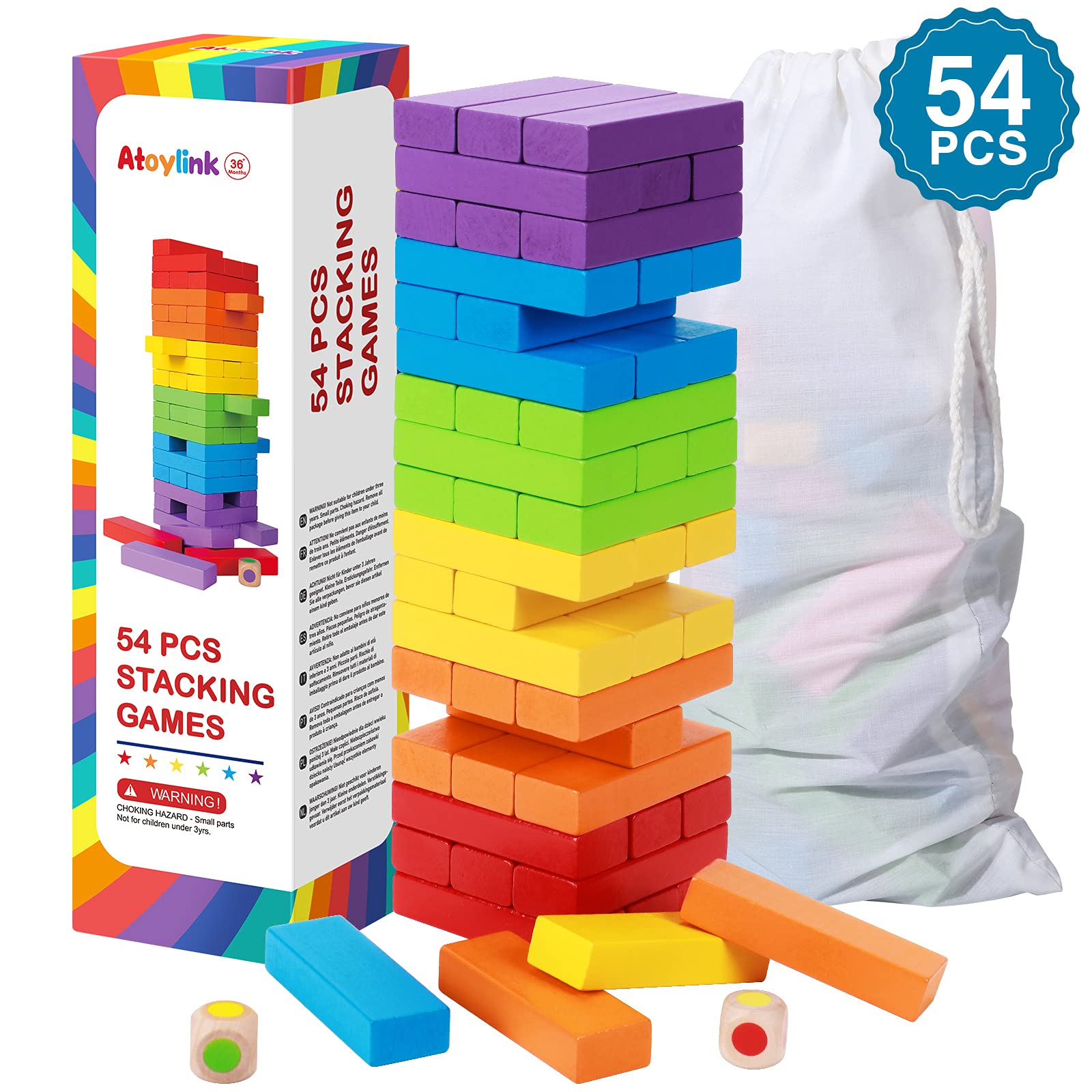 Tacobear Colorful Wooden Stacking Board Games Building Blocks for Kids Boys Girls Ages 3 4 5 6 7 8 with 54 Pieces