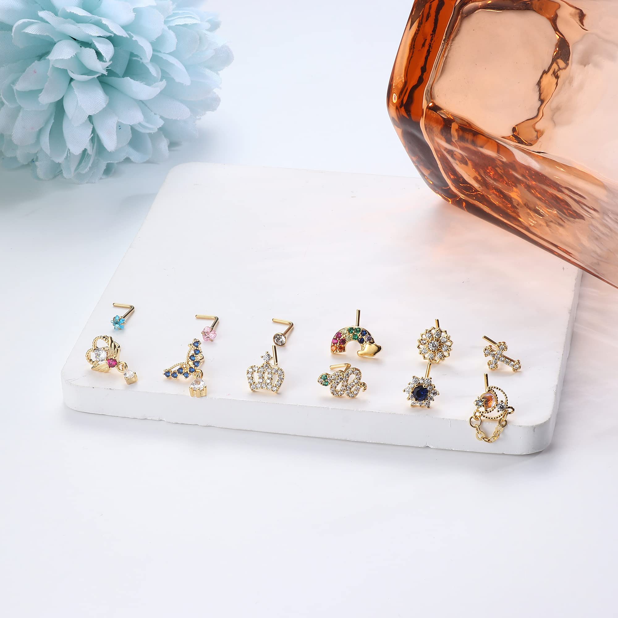 Besteel 12PCS Nose Ring Studs for Women 20G Stainless Steel L Shaped Nose Rings CZ Nose Studs Assorted Nose Piercing Jewelry Gold-tone