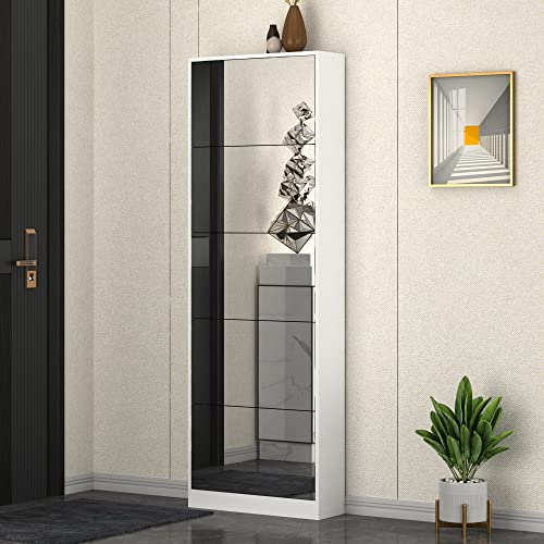 Organizedlife Mirror Shoe Cabinet, Wooden Shoe Organizer with 5 Tier, Full Length Mirror Shoe Rack,Shoe Cabinet for Entryway