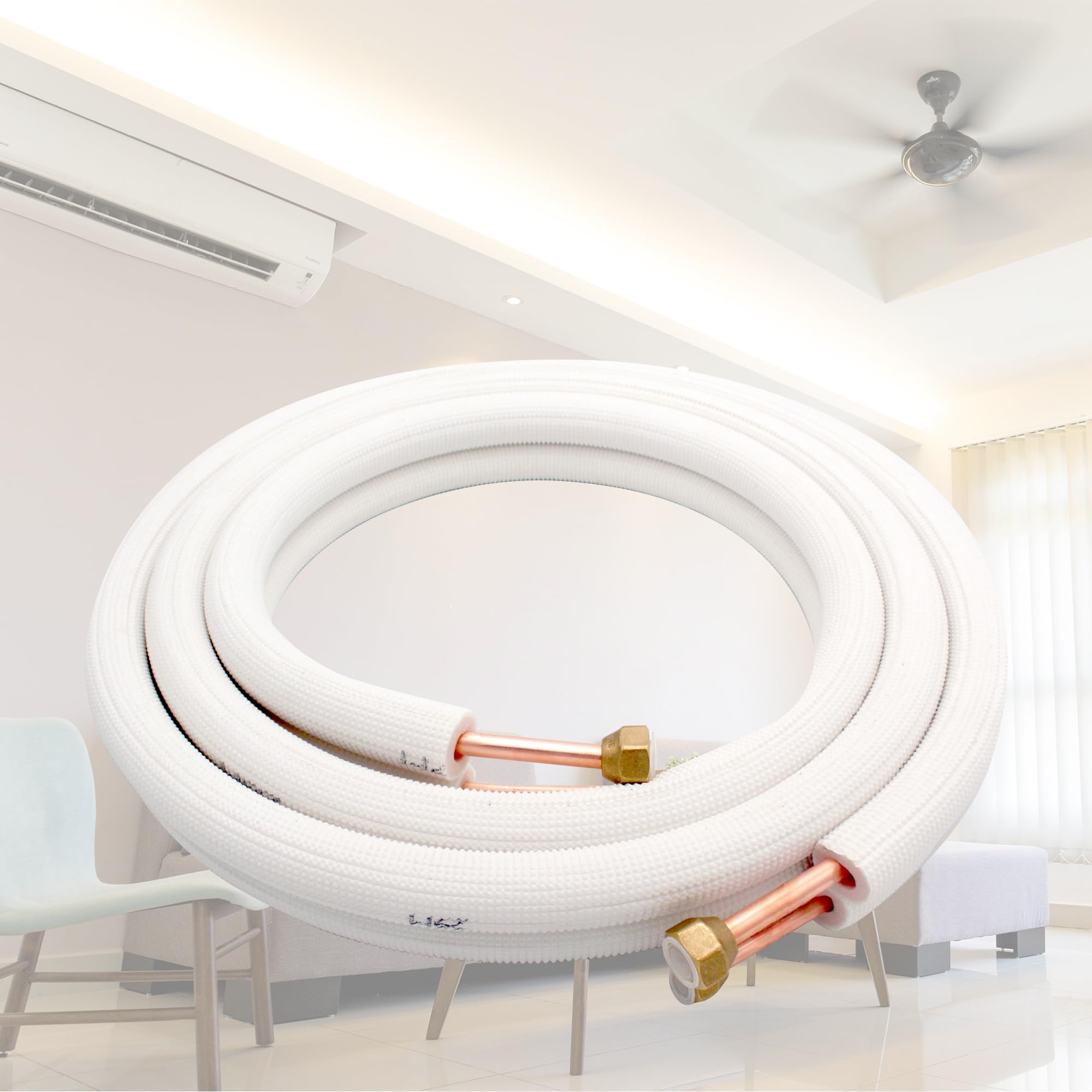 TAUROX 25FT Mini Split Line Set 1/4" & 3/8" O.D Copper Pipes Tubing and 3/8" White Thickened PE Insulation Coil, for Mini Split Air Conditioning or Heating Pump Equipment and HVAC with Flared Nuts.