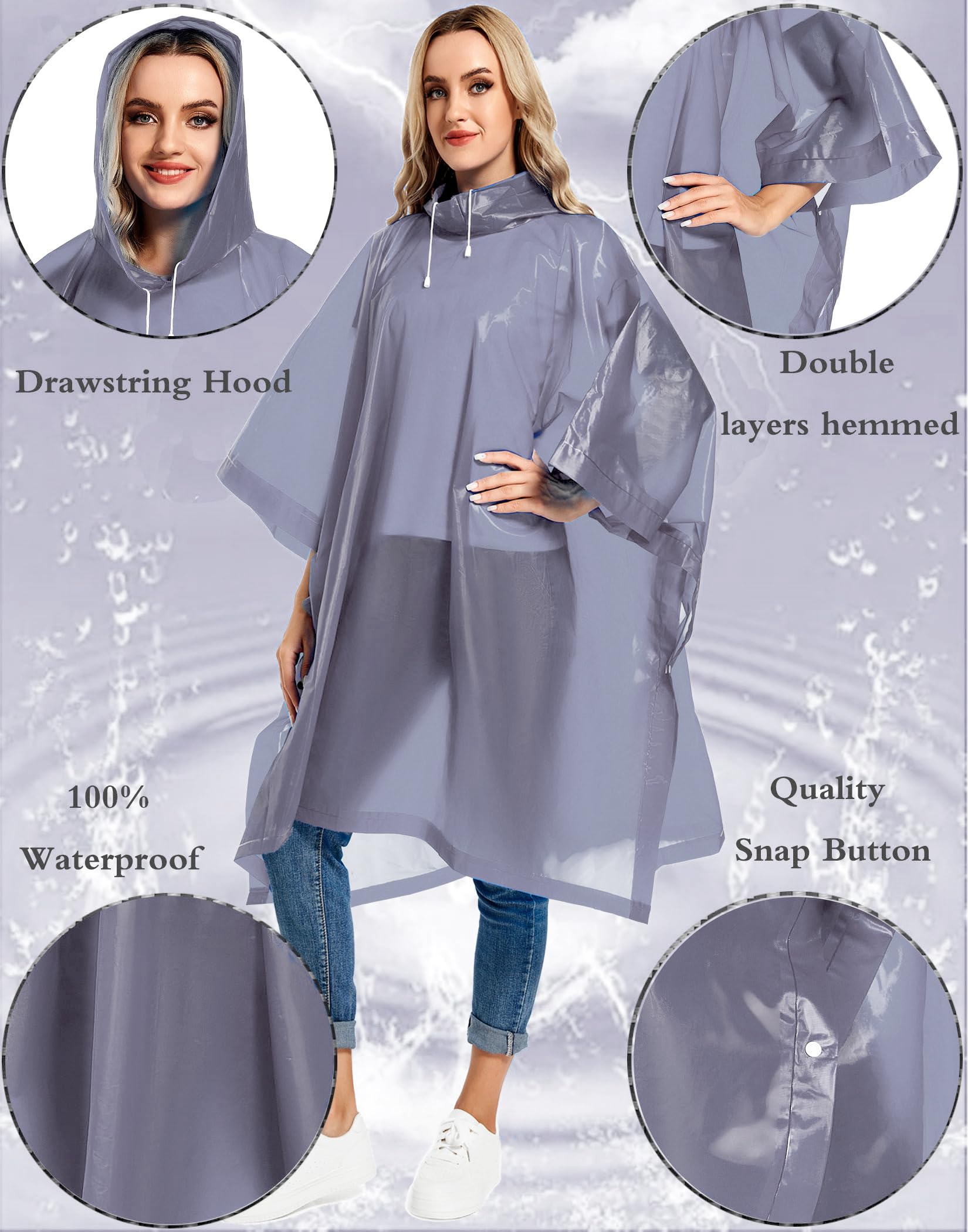 Borogo 2 Pack Rain Ponchos for Adults Reusable - Raincoats Survival Emergency Heavy Duty Rain Coat with Drawstring Hood Grey