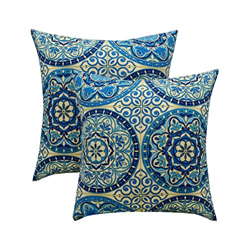 Resort Spa Home Decor Set of 2 - Indoor/Outdoor Square Decorative Throw/Toss Pillows - Wheel Indigo ~ Blue Ivory Large Sundial Fabric - Choose Size (17")