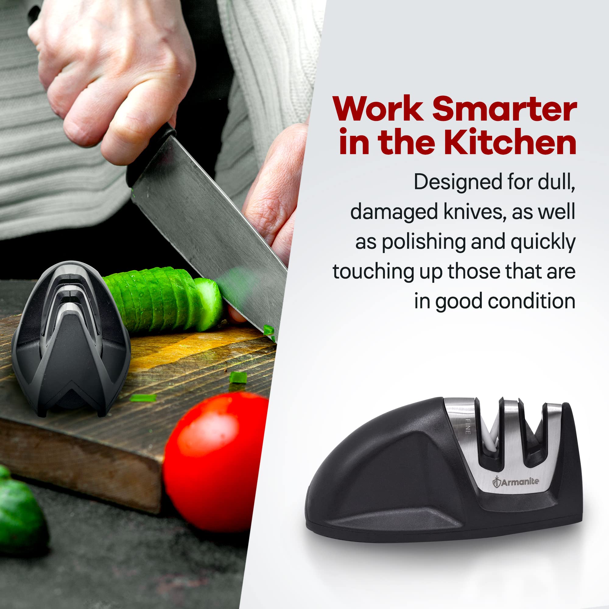Armanite - Kitchen Knives Sharpener, Heavy Duty Knife Sharpening Tool, Best Diamond Knife Sharpener, 2-Step Knife Sharpener for Sharp-Edged Utensils, 4 x 2.25 x 2.1 Inches, Black